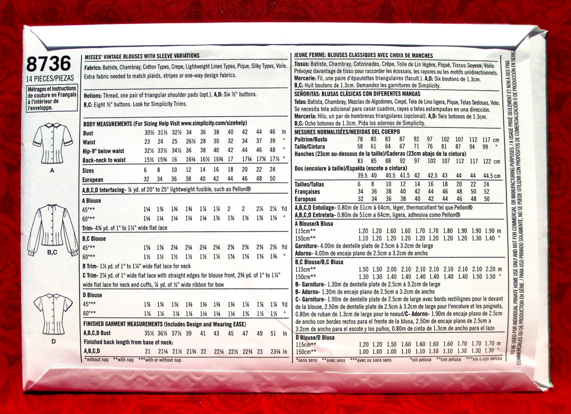 Simplicity Sewing Pattern 8736 1940's Blouses High Neck - Etsy