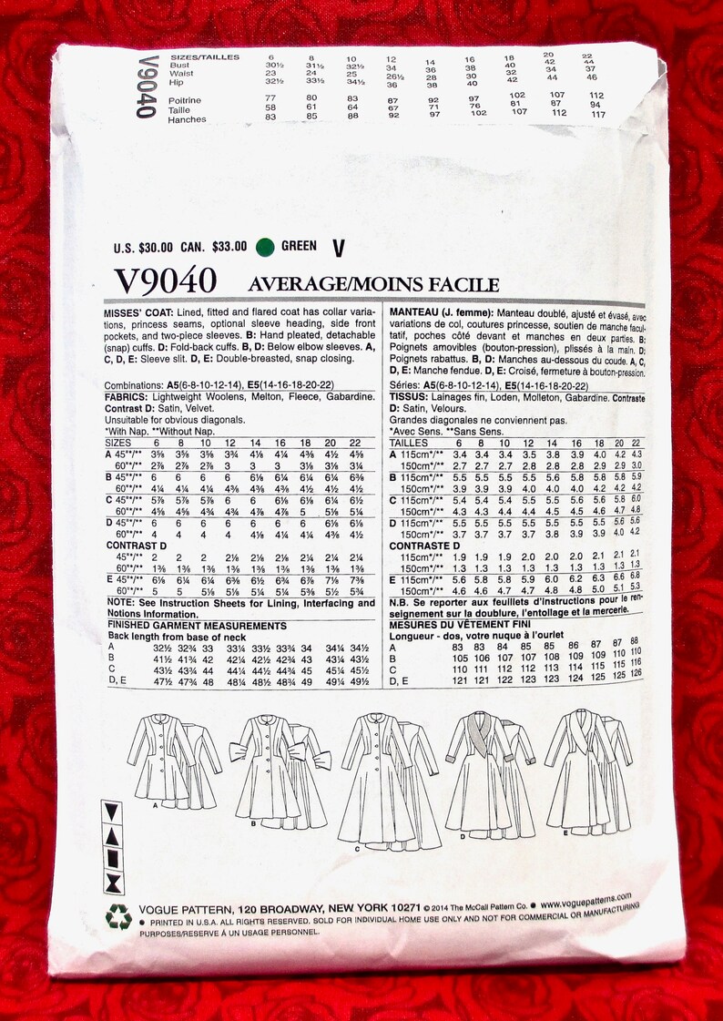 Vogue Sewing Pattern V9040 Fit & Flare Coat Princess Seams | Etsy