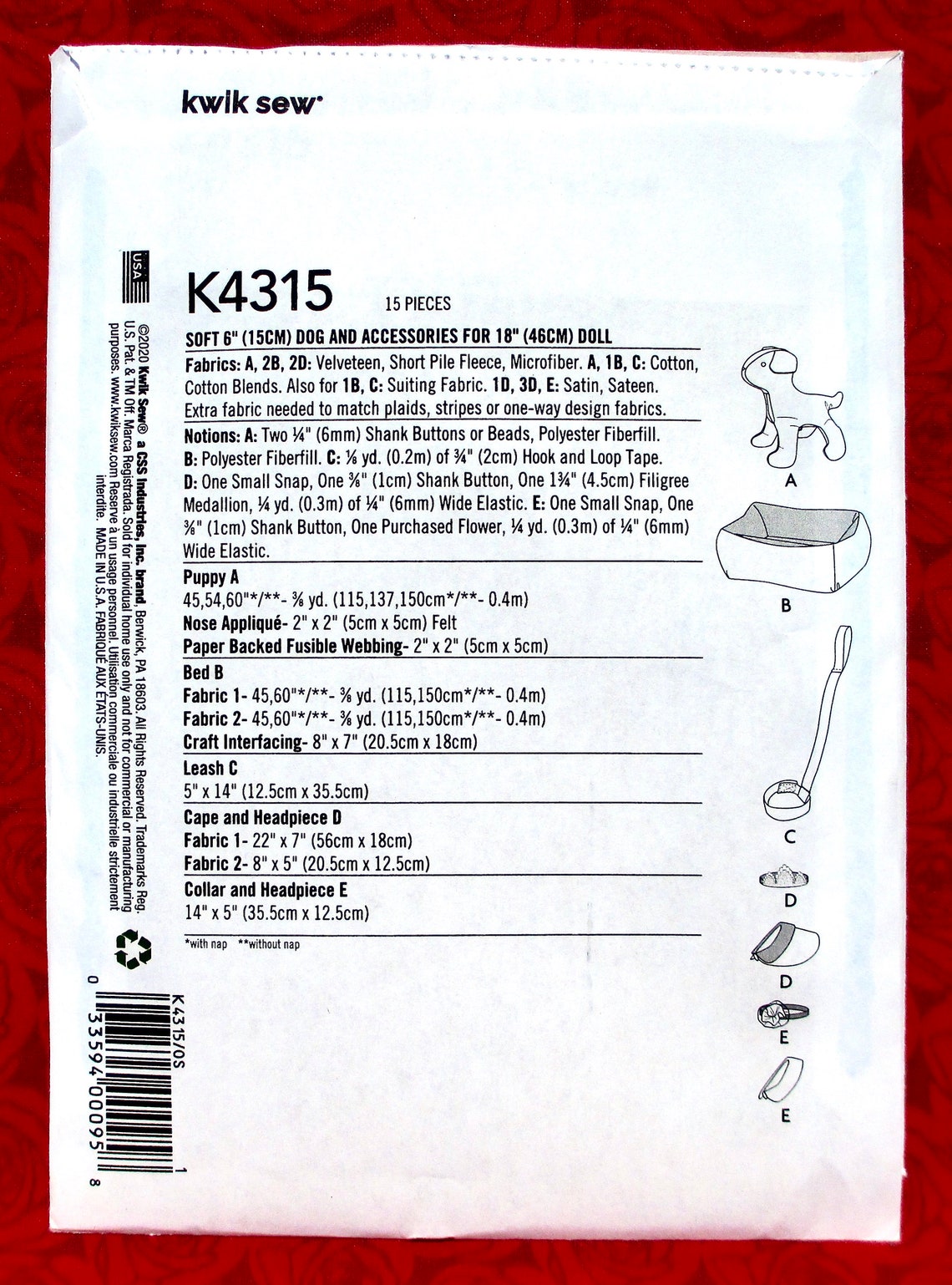 Kwik Sew Sewing Pattern K4315 Puppy Dog Doll Bed Leash | Etsy