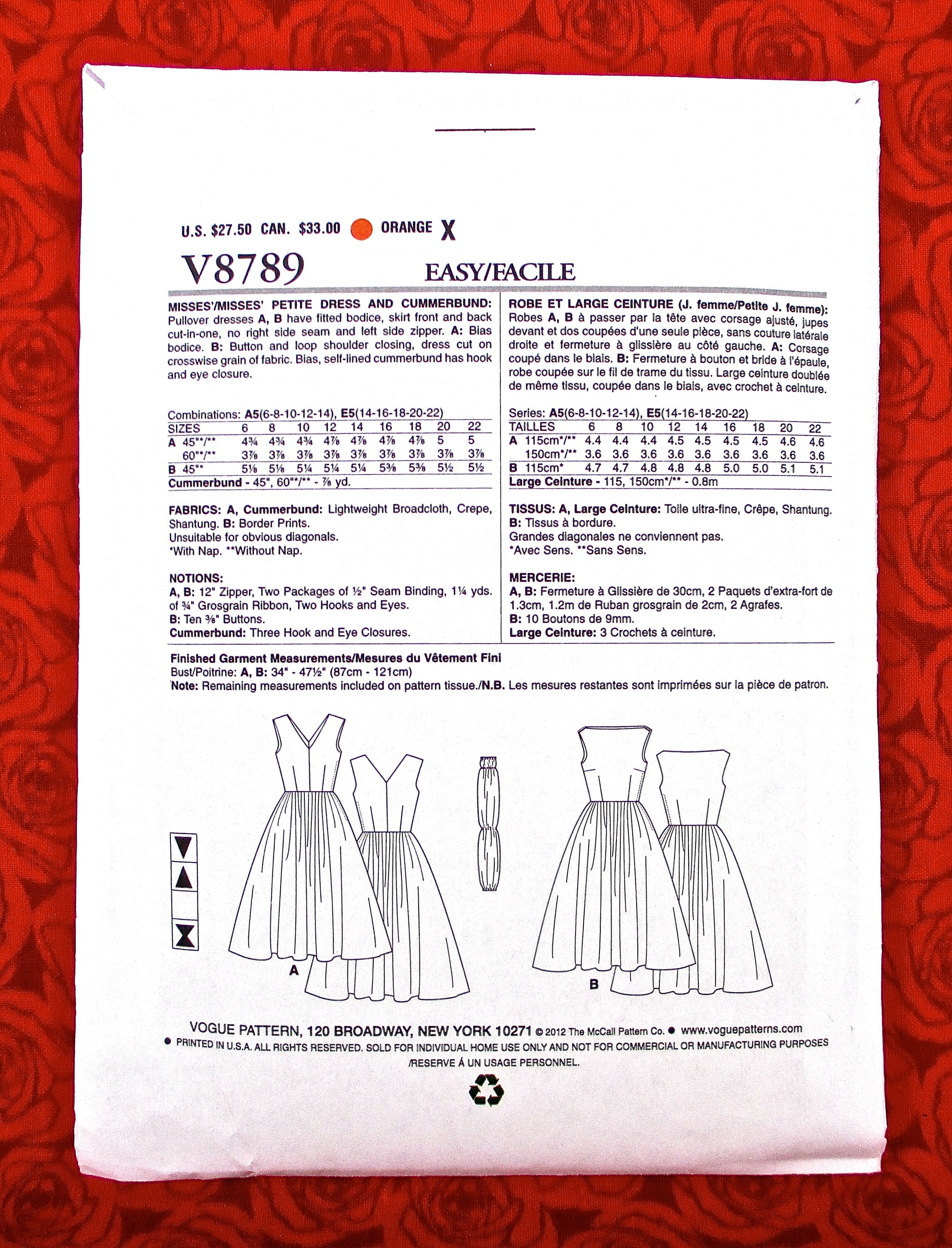 Vogue Sewing Pattern V8789 Full Skirt Dress Cummerbund New | Etsy