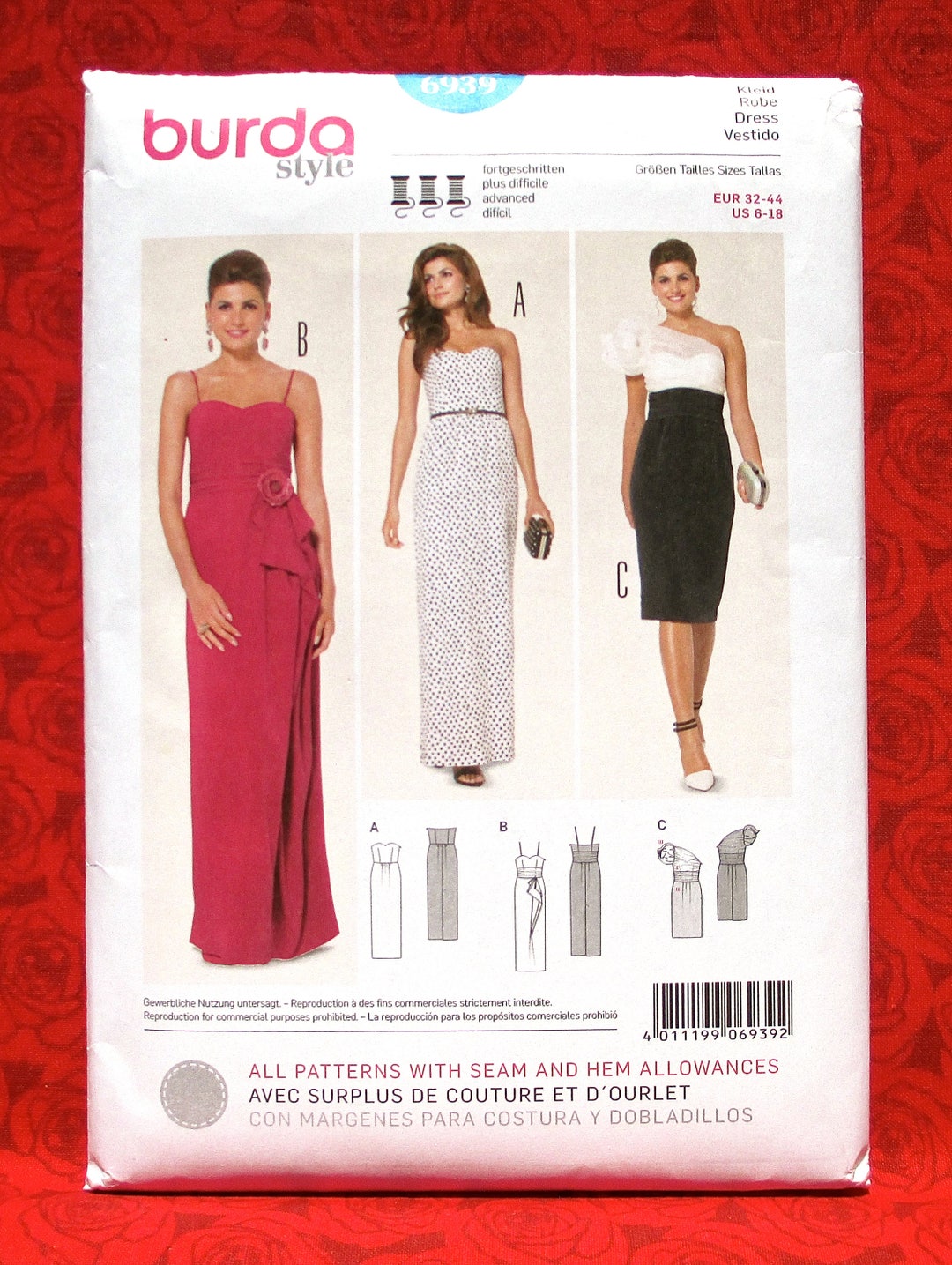 Burda Sewing Pattern 6939 Column Gown, Special Occasion Dress, Sizes 6 ...