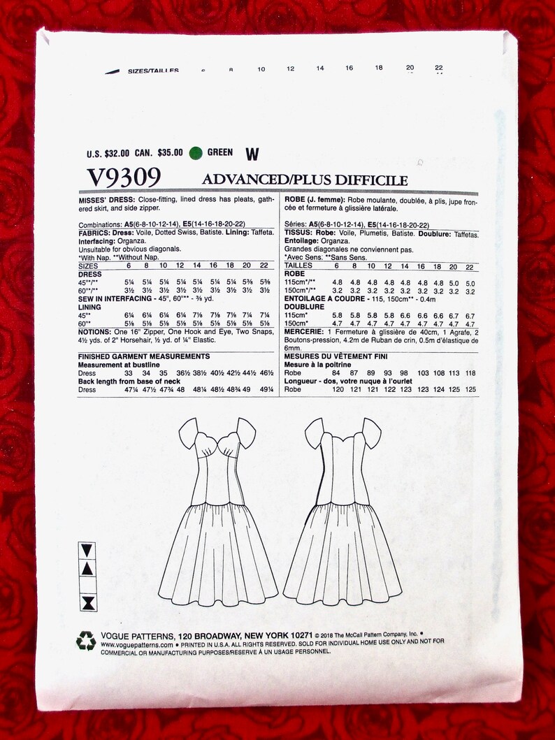 Vogue Sewing Pattern V9309 Dress Fitted Bodice Gathered - Etsy