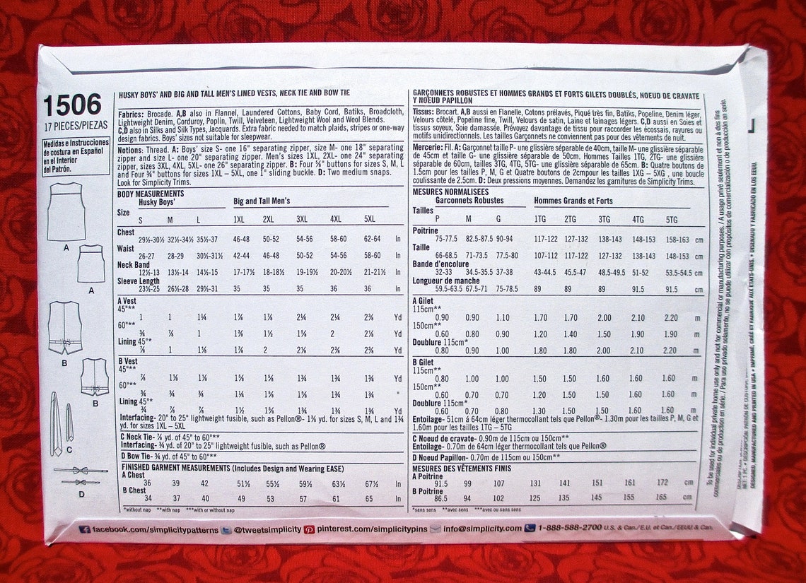 Simplicity Sewing Pattern 1506 Vest Necktie Bow Tie Big Tall - Etsy