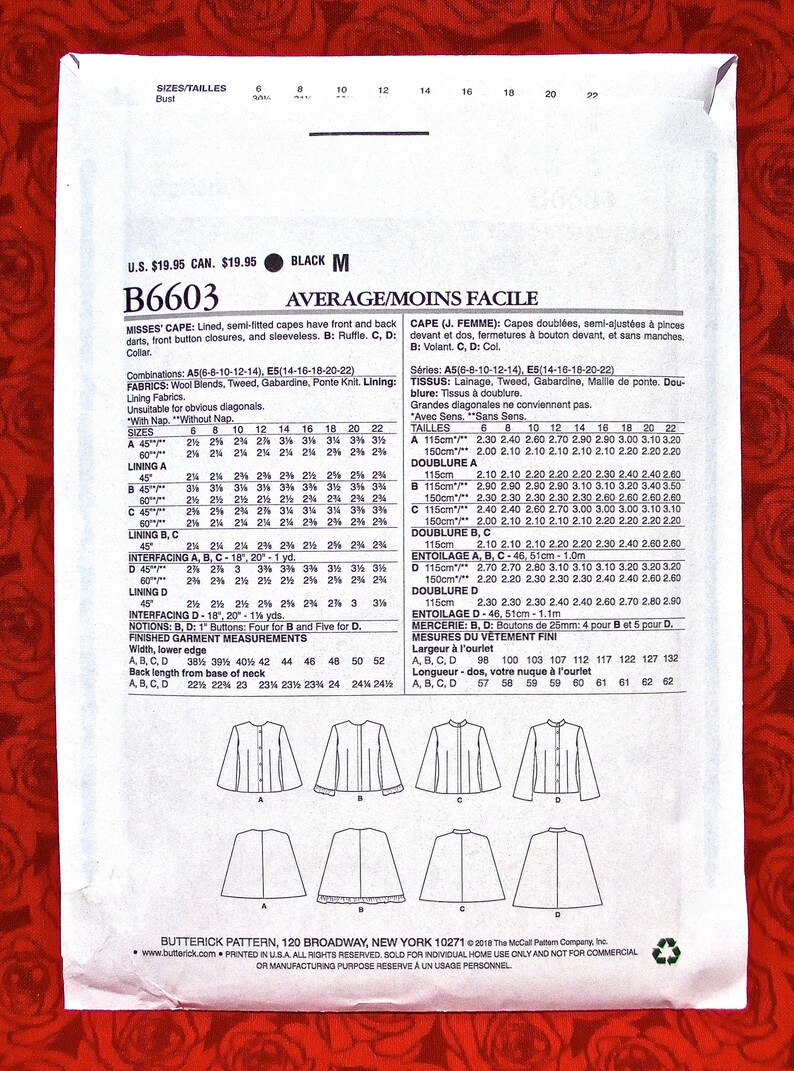 Butterick Sewing Pattern B6603 Capes Semi-fitted Lined - Etsy