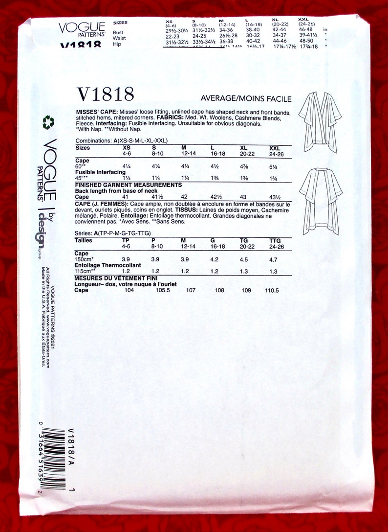 Vogue V1818 Sewing Pattern Loose Fit Cape Draped Wrap Cloak - Etsy