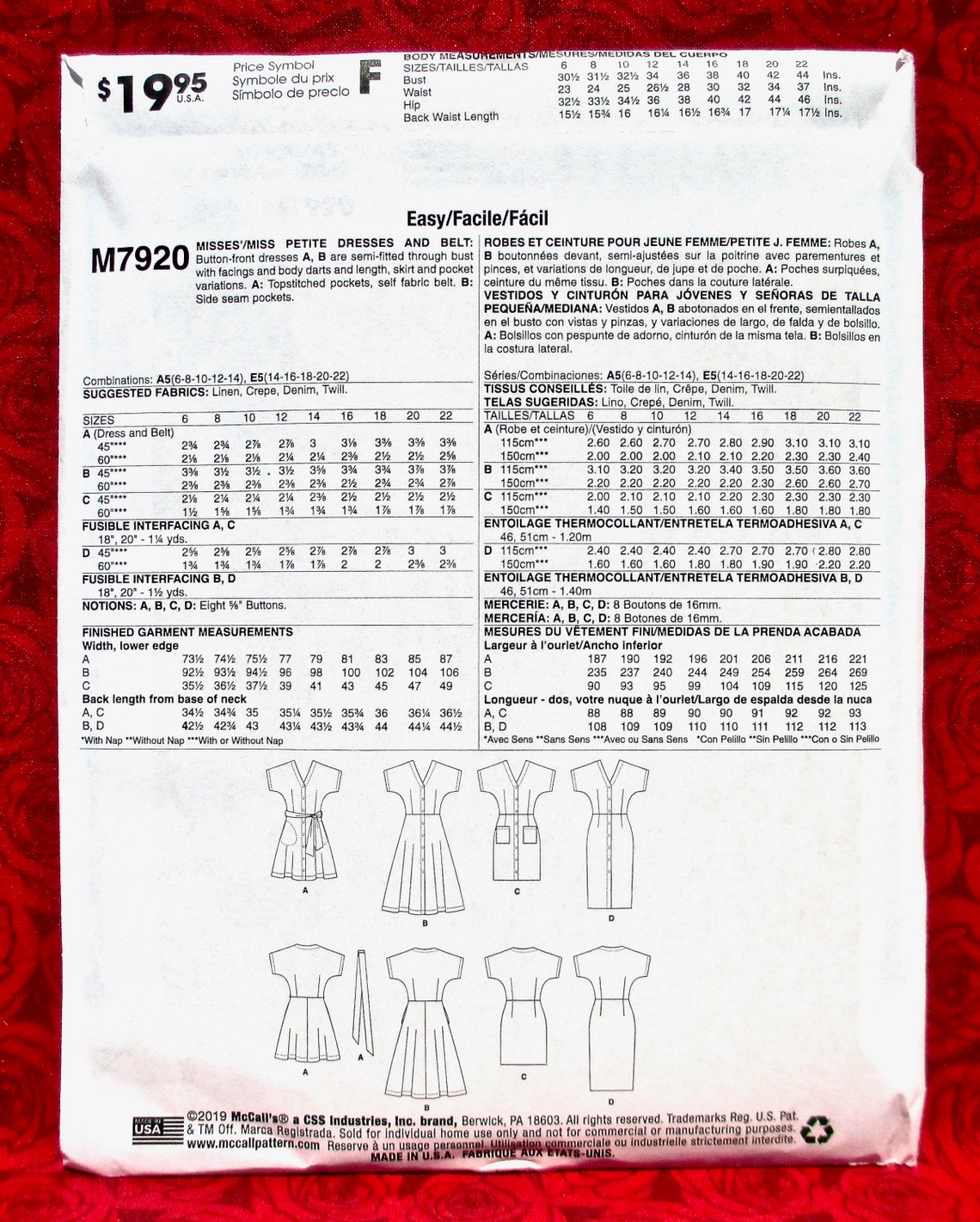 Mccall's Sewing Pattern M7920 Button Front Dress Short - Etsy