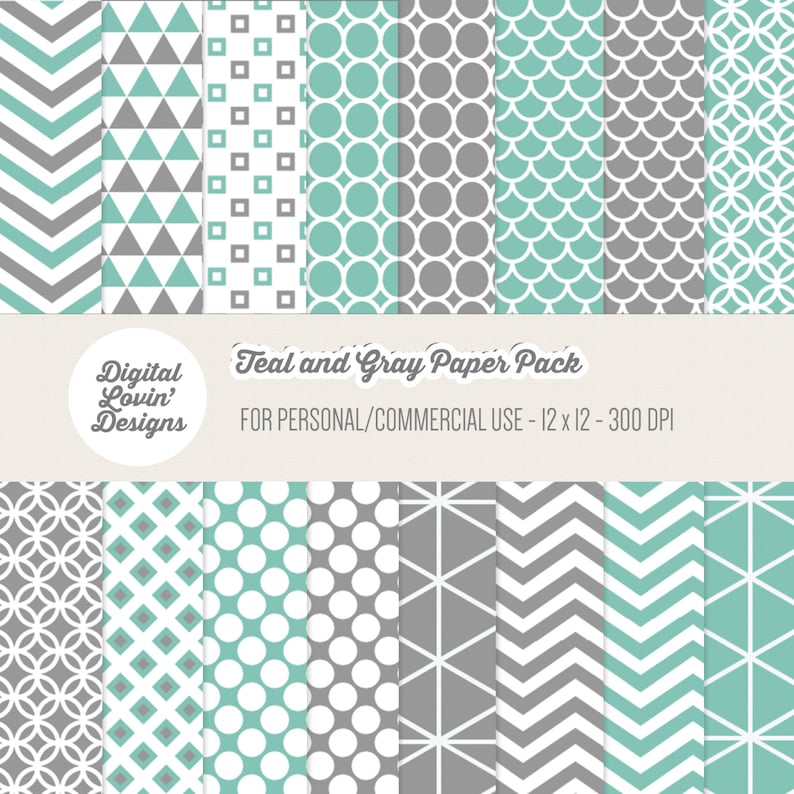 INSTANT DOWNLOAD - 16 Teal and Gray Papers for Scrapbooking, Crafts ...