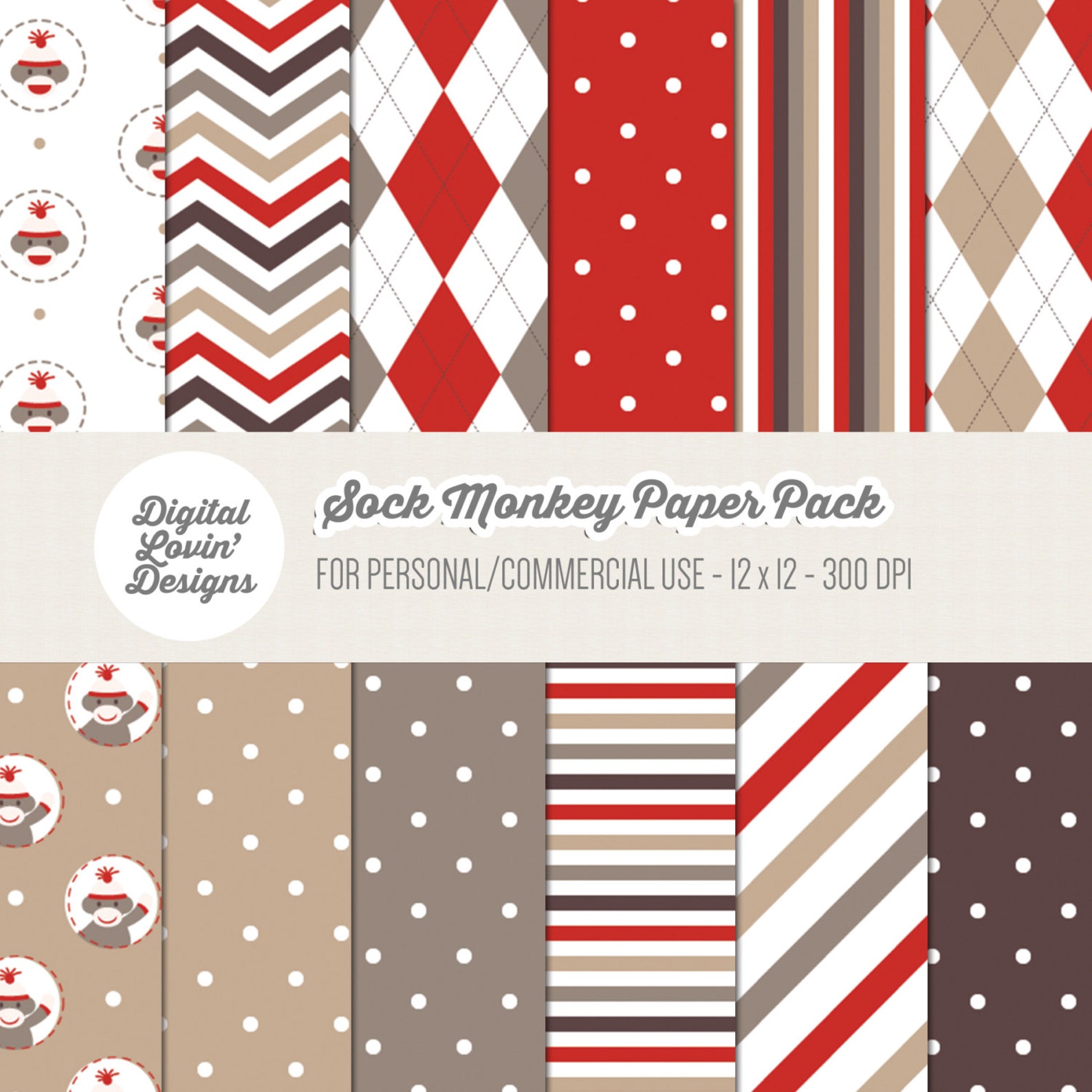 INSTANT DOWNLOAD - 12 Sock Monkey Digital Papers / Scrapbooking, Crafts ...