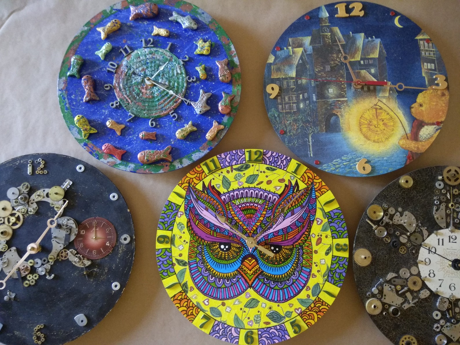 Handmade Clock. owls Head Hand-painted Decorative Wall Clock. Home ...