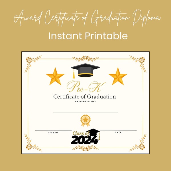 Pre K Graduation Diploma Certificate Instant Download Printable Black ...