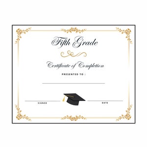 Fifth 5th Grade Graduation Diploma Certificate of Completion Instant ...