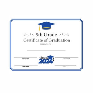 Fifth Grade Graduation Diploma Certificate Blue Instant Download ...