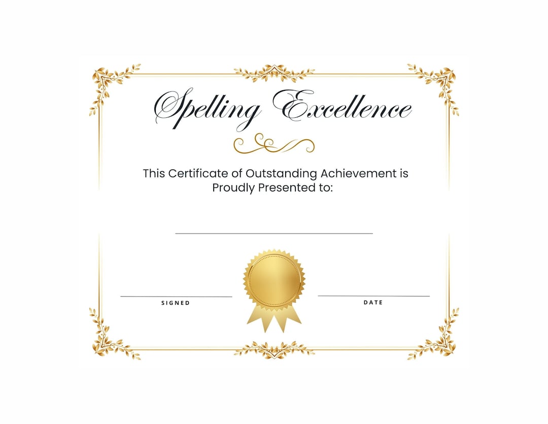 Spelling Excellence Certificate Achievement Award Any Age Grade Level ...