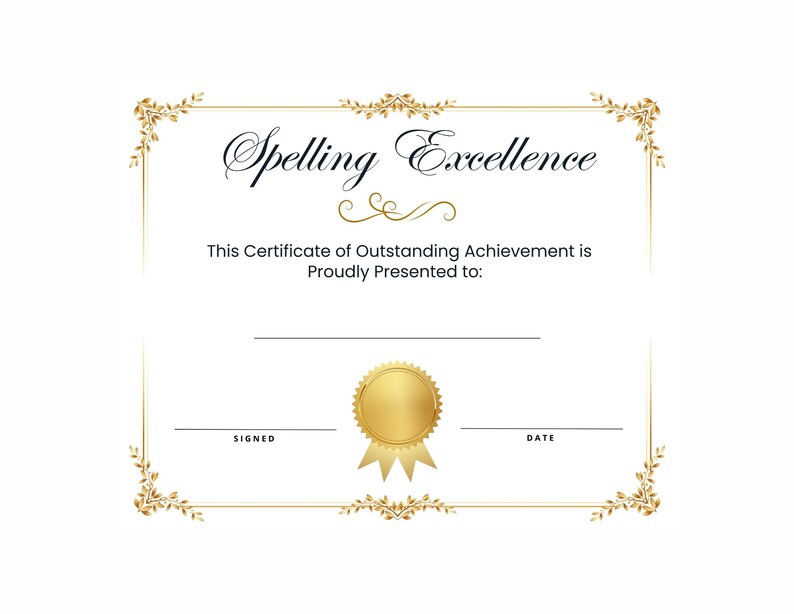 Spelling Excellence Certificate Achievement Award Any Age Grade Level ...