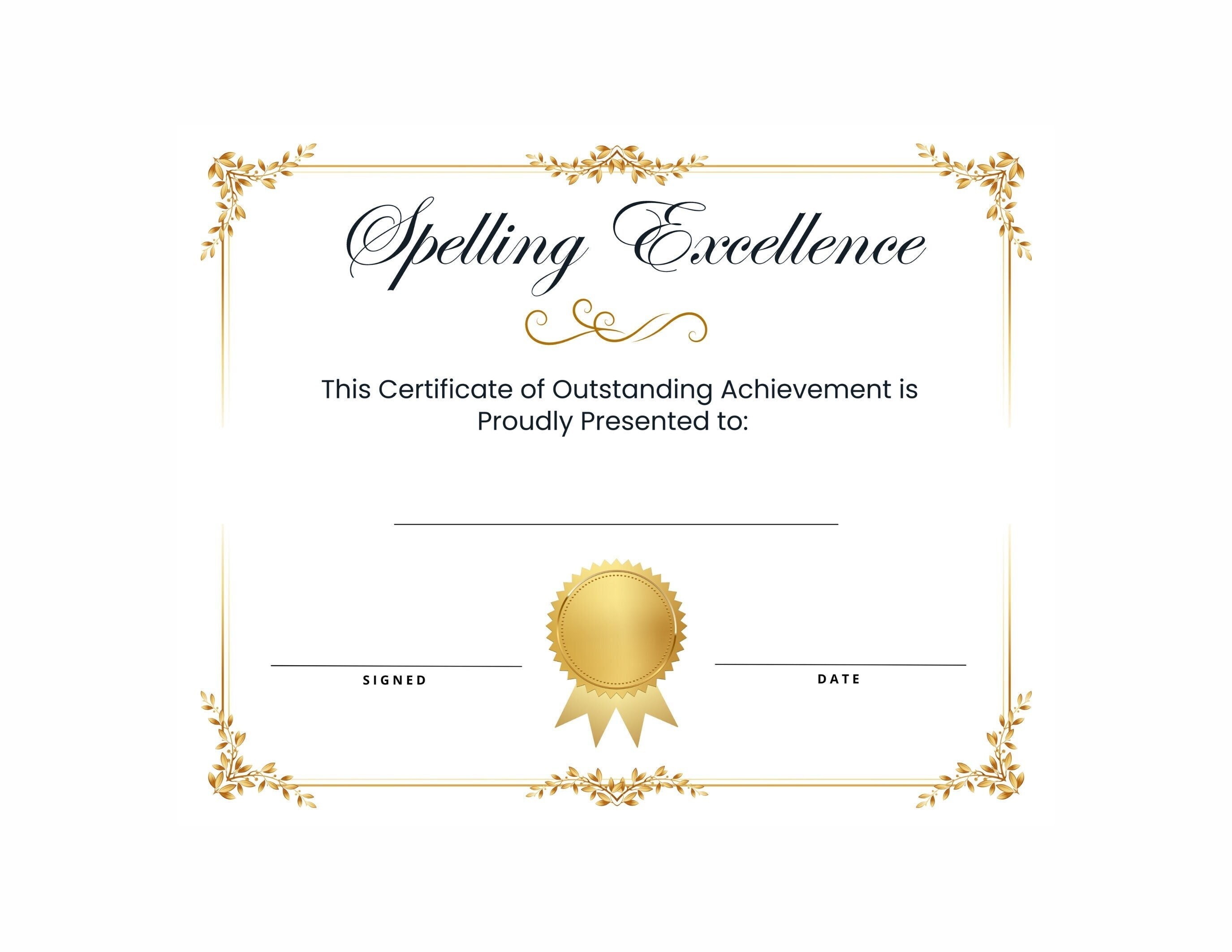 Spelling Excellence Certificate Achievement Award Any Age Grade Level ...