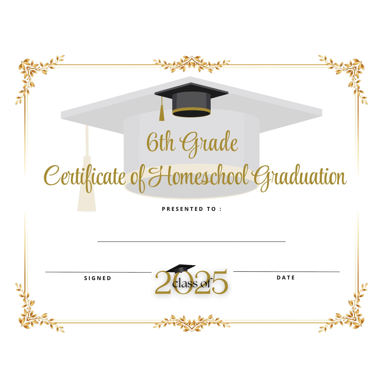 Homeschool 6th Sixth Grade Graduation Diploma Certificate Award ...
