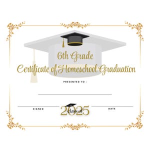 Homeschool 6th Sixth Grade Graduation Diploma Certificate Award ...