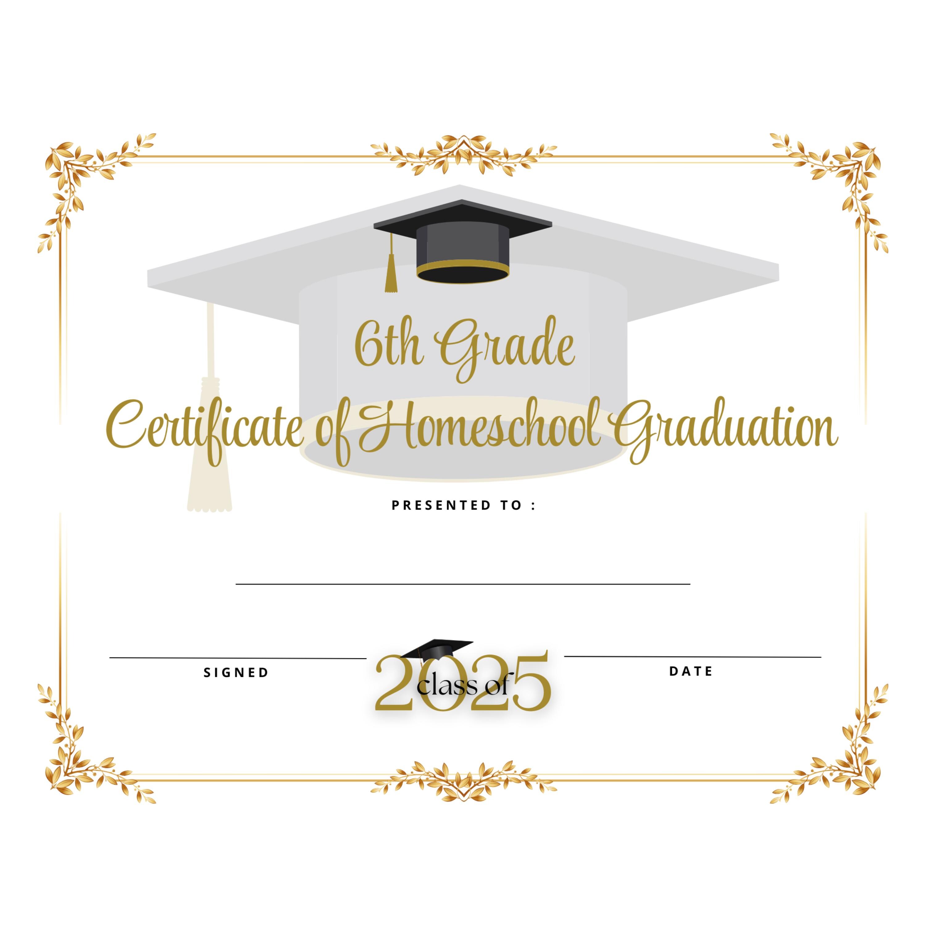 Homeschool 6th Sixth Grade Graduation Diploma Certificate Award ...