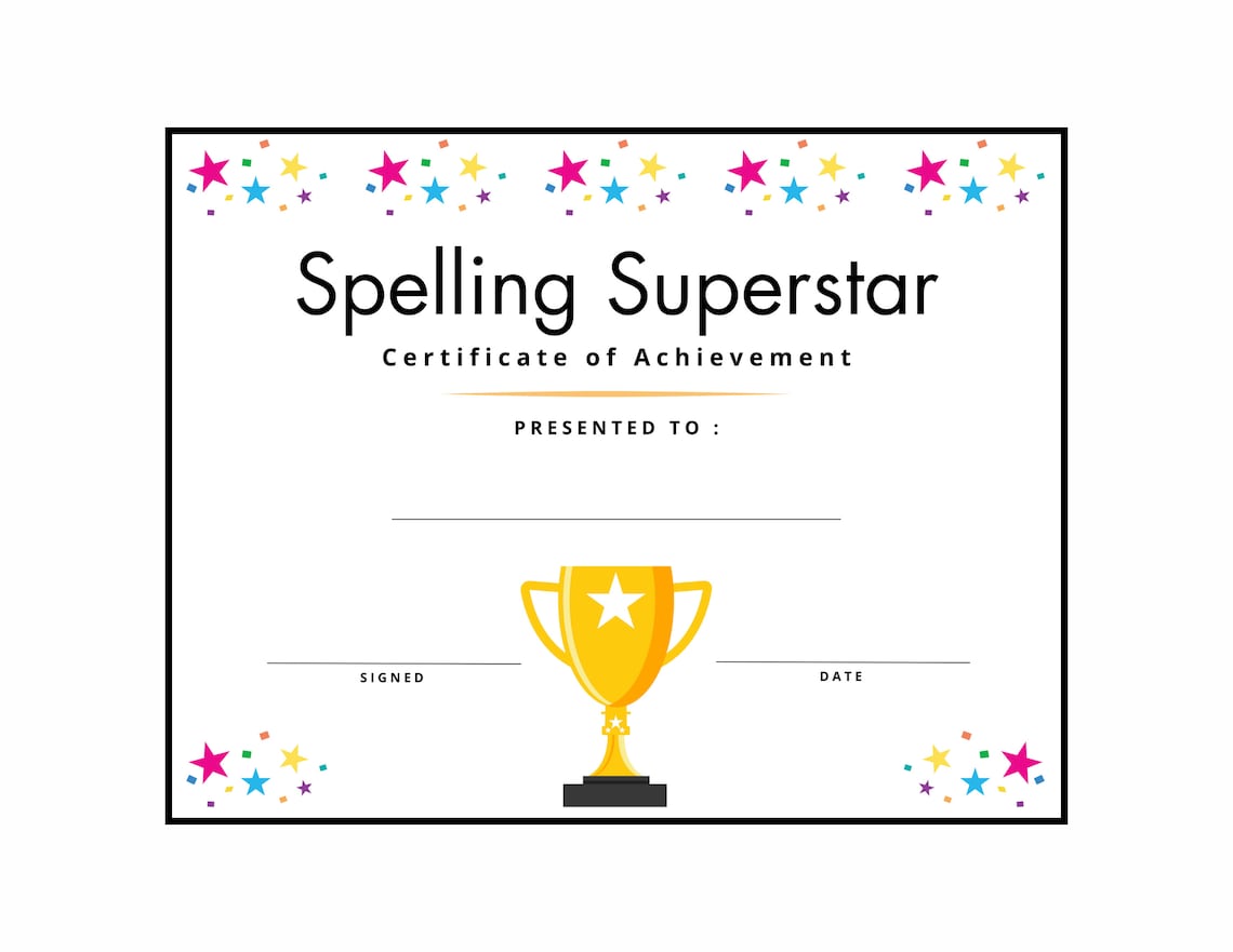 Superstar Speller Certificate of Achievement Award for Any Age or Grade ...
