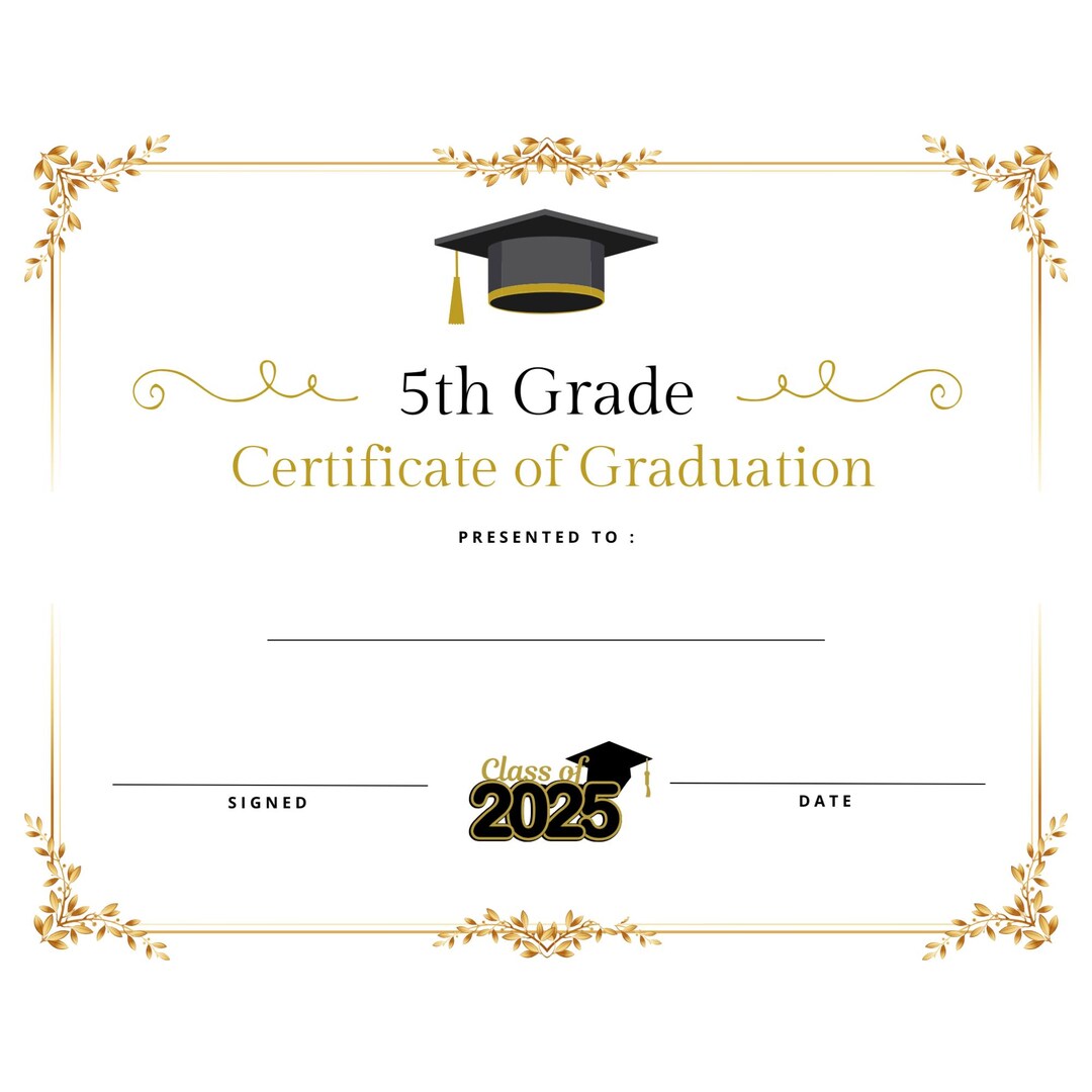 Fifth 5th Grade Graduation Diploma Certificate Gold & Unique Class of ...