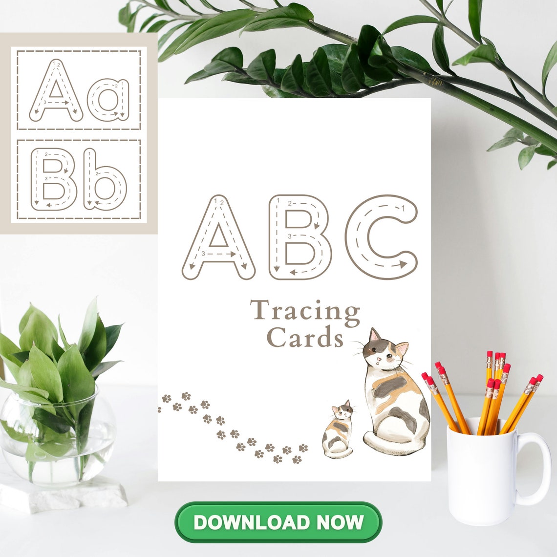 Watercolor Cats ABC Alphabet Tracing Cards Upper and Lower Case ...