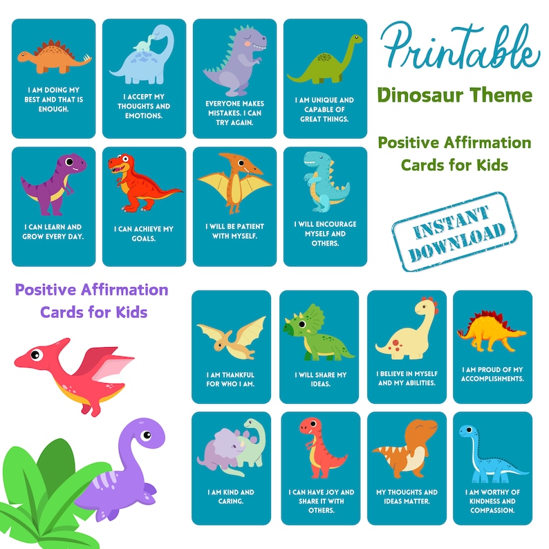 Dinosaur Themed Positive Affirmation Cards for Kids Printable Instant ...