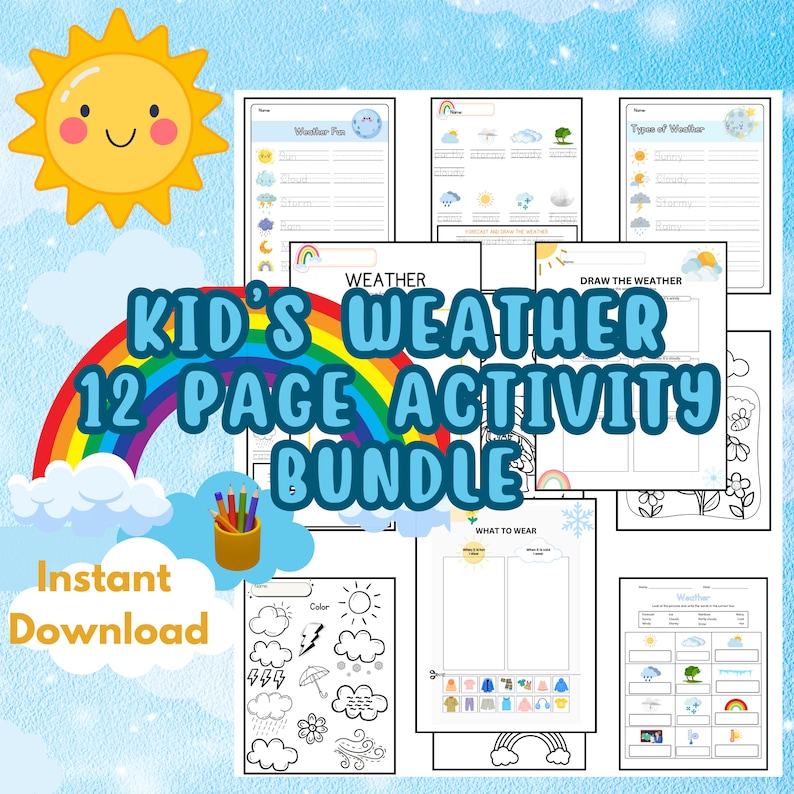 Weather Activity and Coloring Pages Bundle 12 Sheets Printable Instant ...