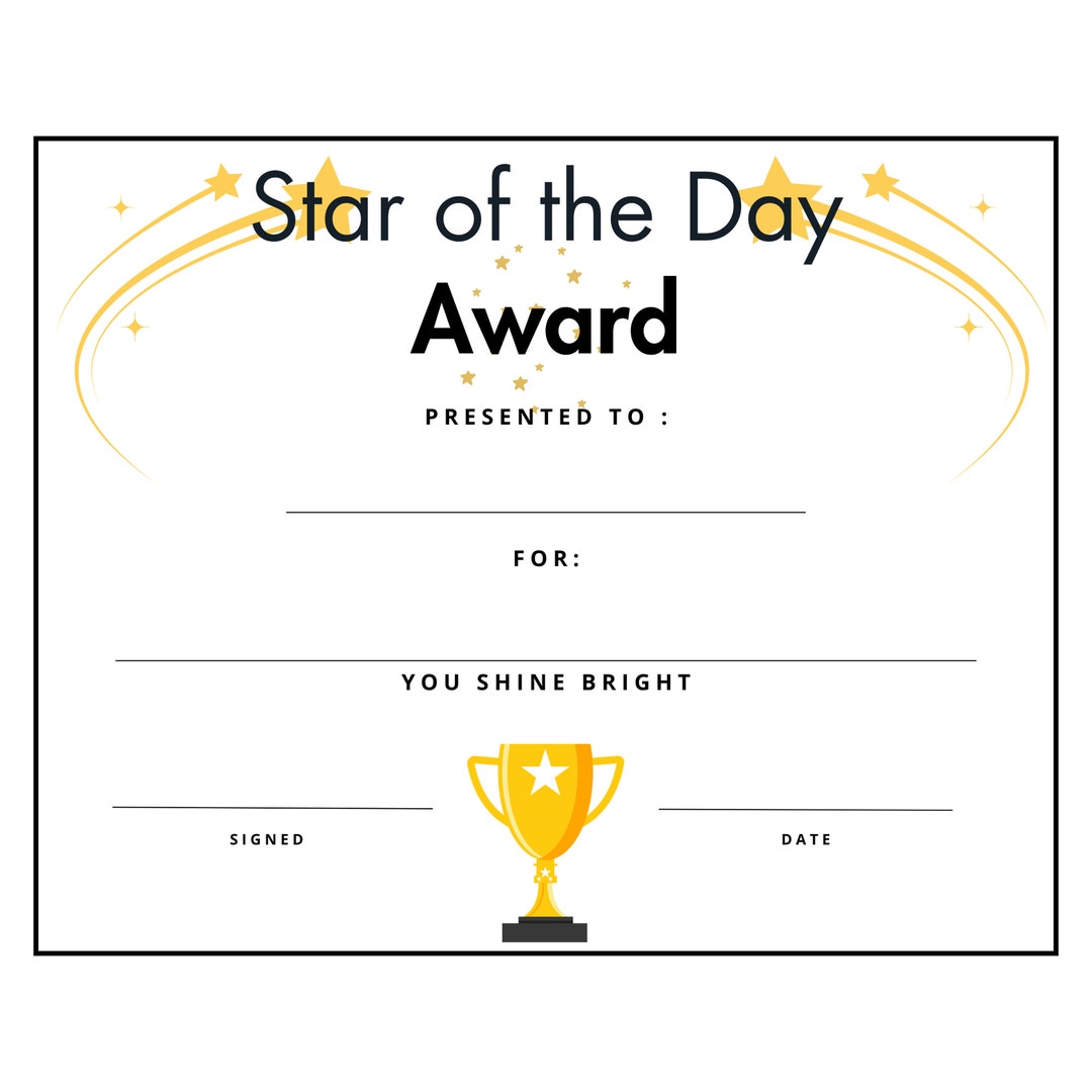 Star of the Day Merit Award Certificate Student Honors Reward Character ...