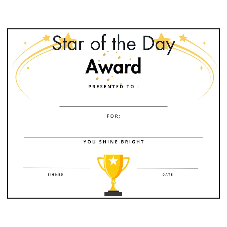 Star of the Day Merit Award Certificate Student Honors Reward Character ...