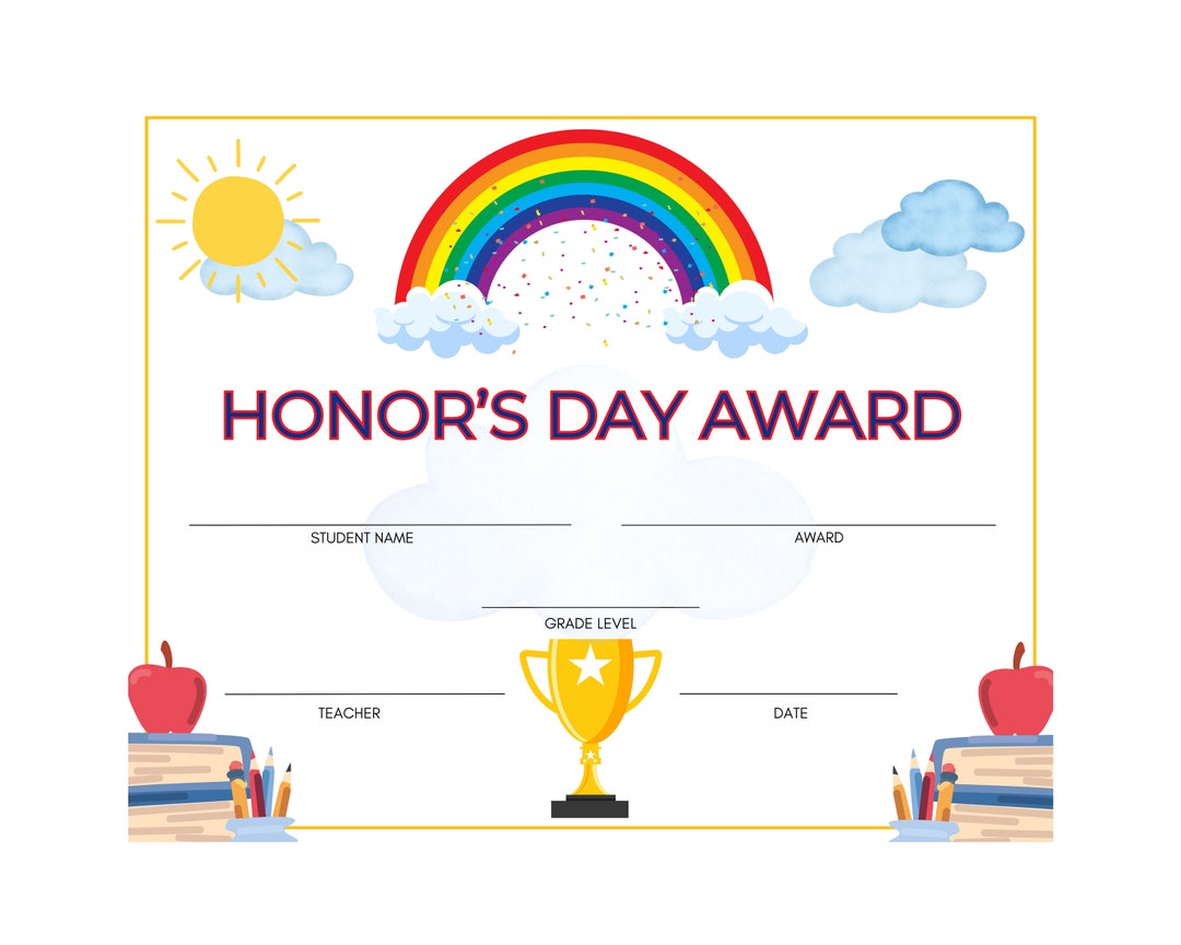 Kid's Student Honor's Day Award Certificate Rainbow Instant Download ...