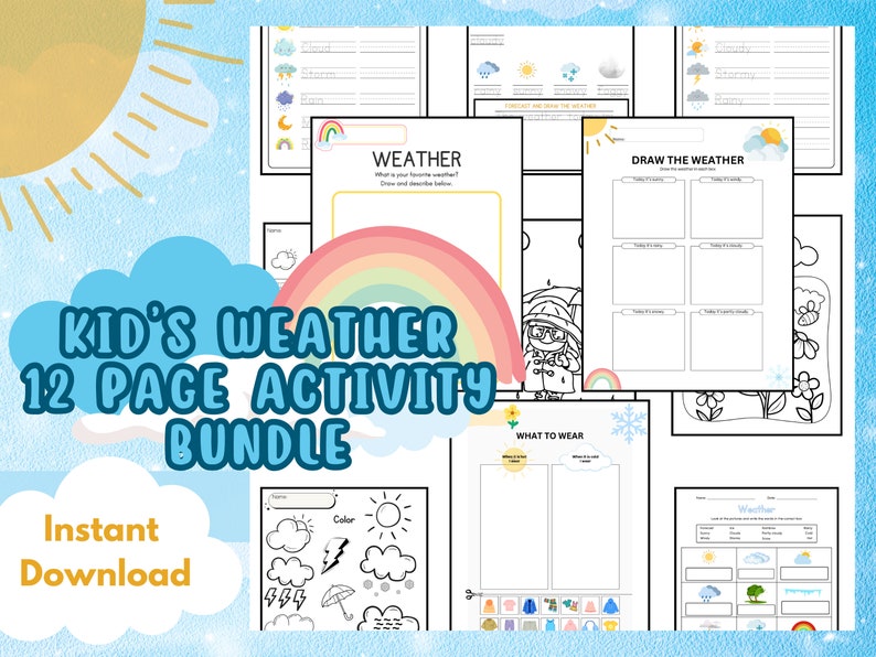 Weather Activity and Coloring Pages Bundle 12 Sheets Printable Instant ...