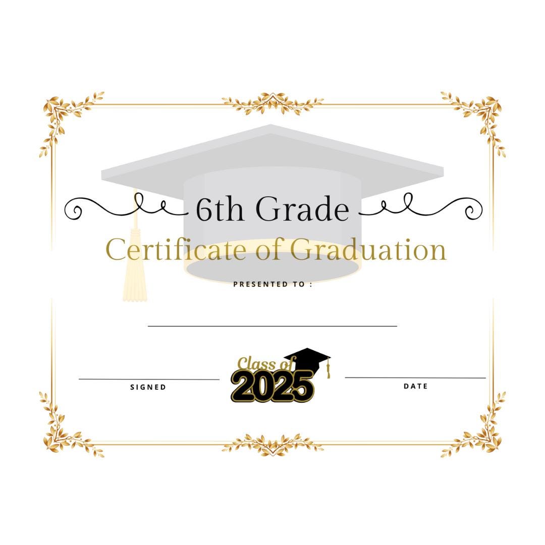 Sixth 6th Grade Class of 2025 Graduation Diploma Certificate Instant ...
