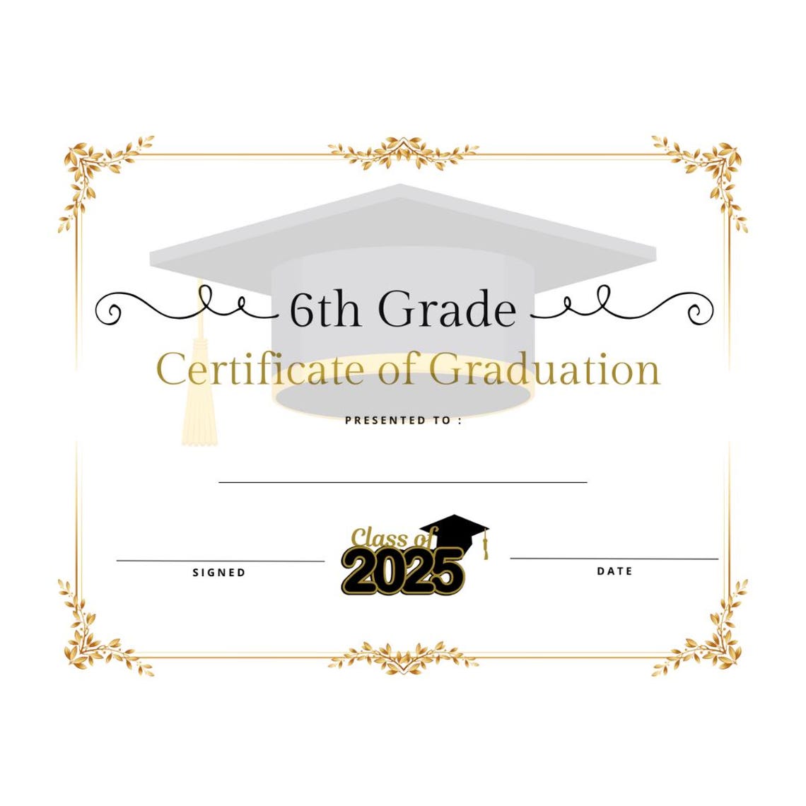 Sixth 6th Grade Class of 2025 Graduation Diploma Certificate Instant ...