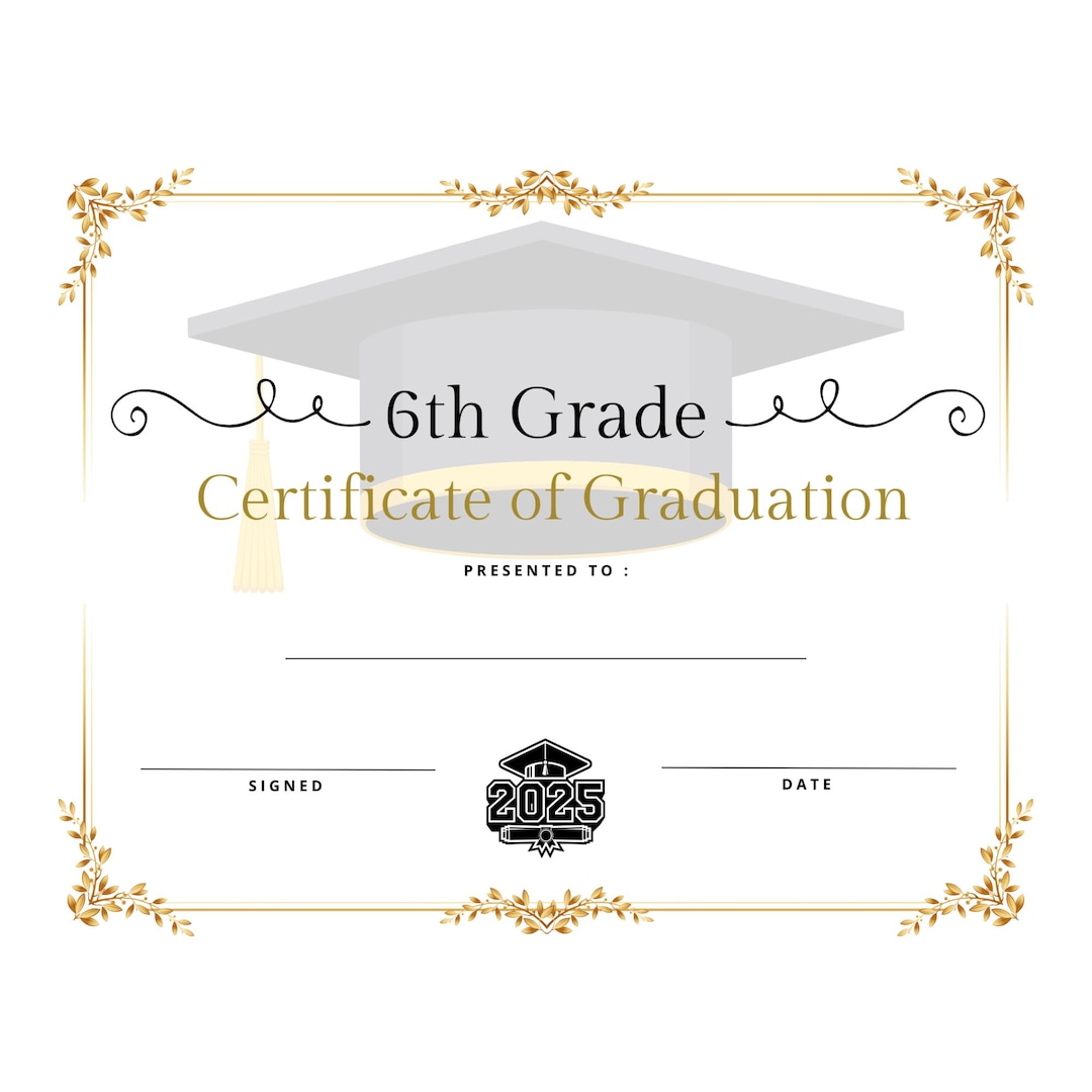 Sixth 6th Grade Graduation Diploma Certificate Instant Download ...