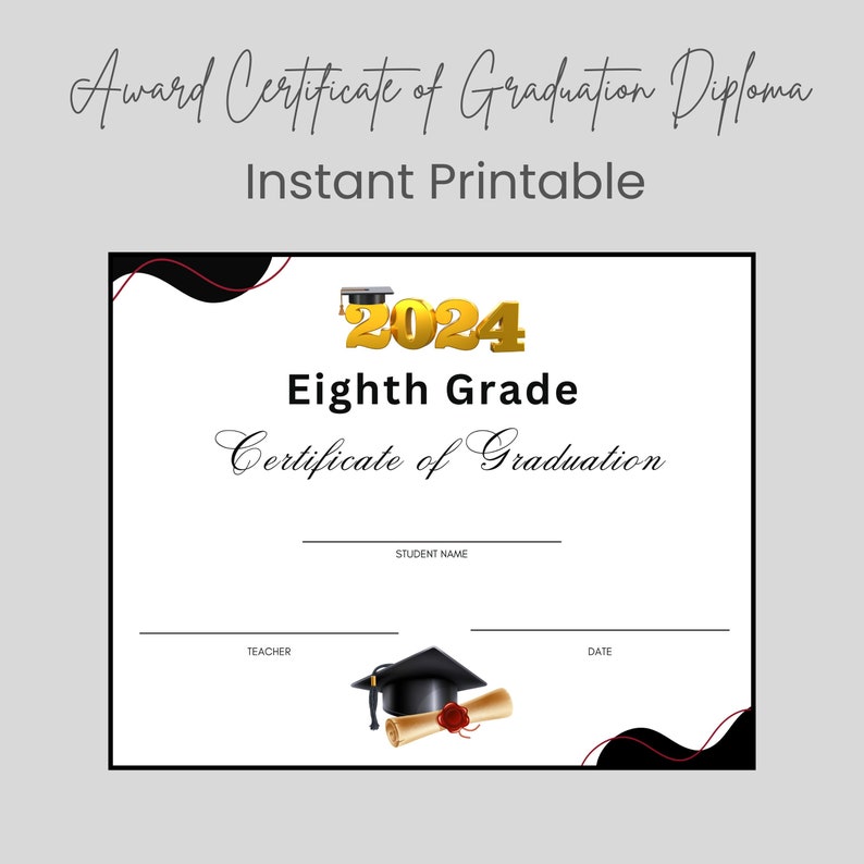 Eighth Grade Graduation Diploma Certificate Instant Download Printable ...