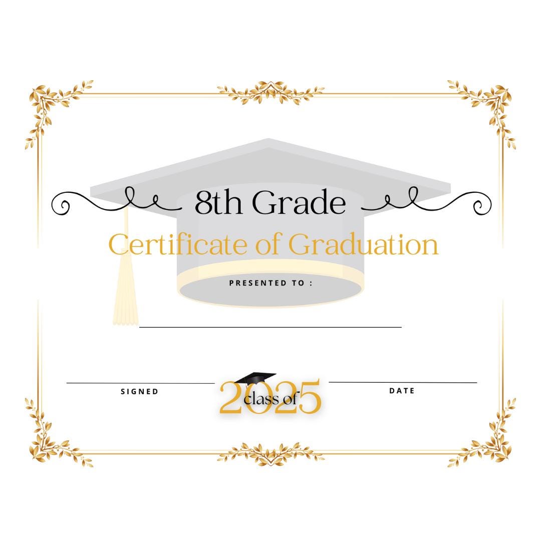 Class of 2025 Eighth Grade Graduation Diploma Certificate Gold Swirl ...