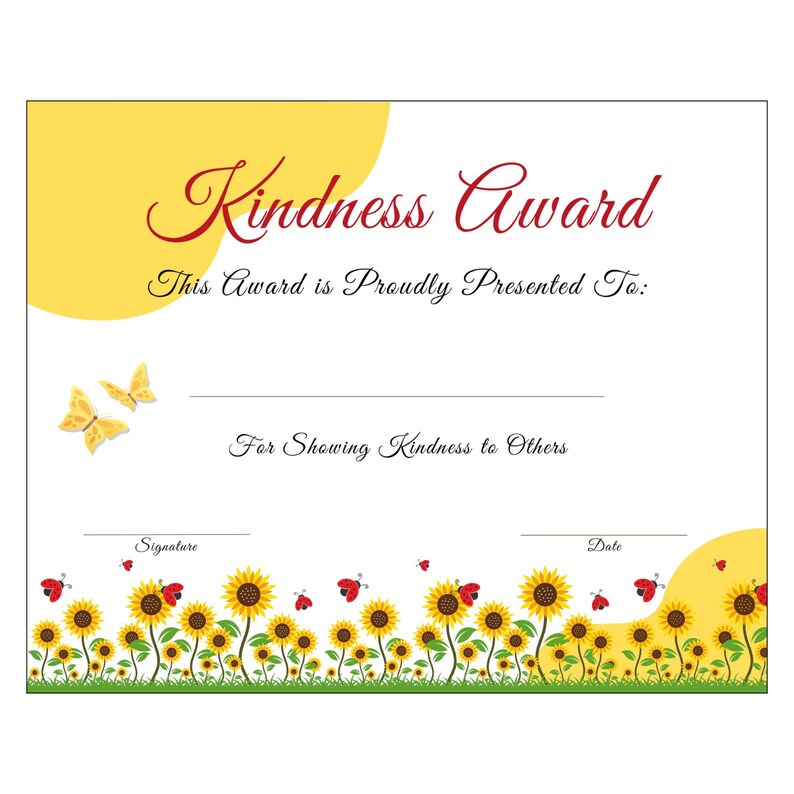 Kindness Award Certificate for Any Age School or Office Instant ...