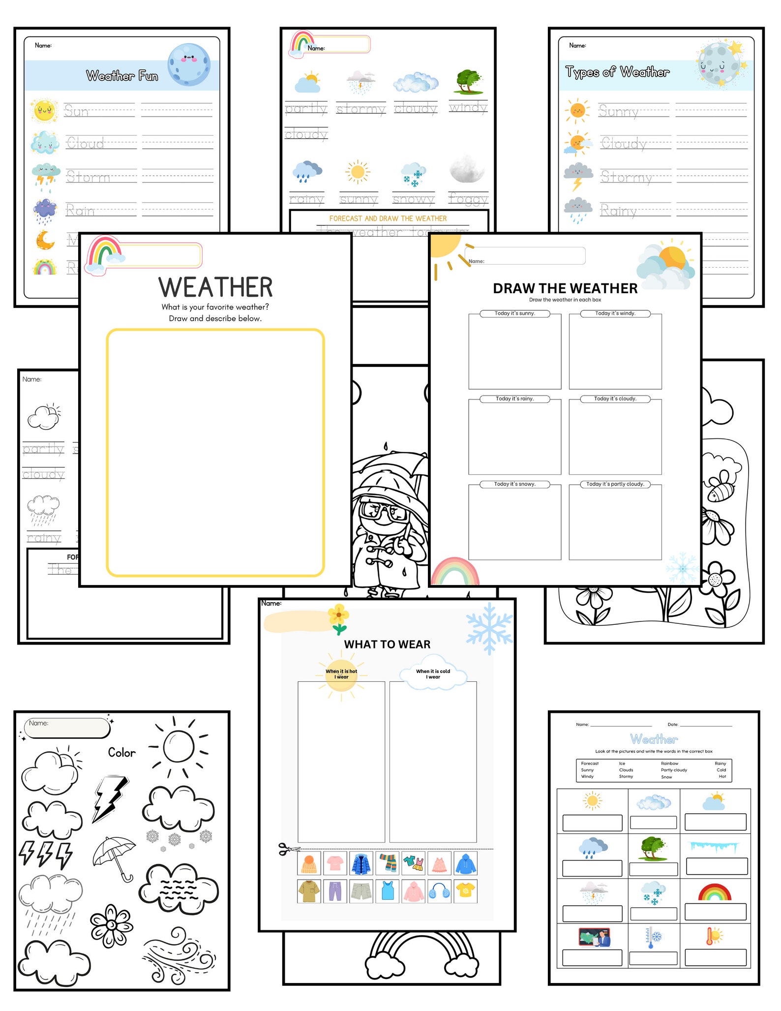 Weather Activity and Coloring Pages Bundle 12 Sheets Printable Instant ...