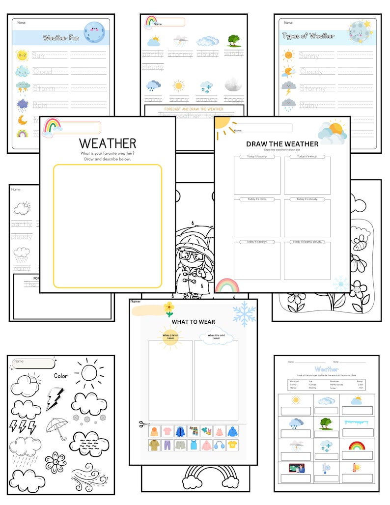 Weather Activity and Coloring Pages Bundle 12 Sheets Printable Instant ...