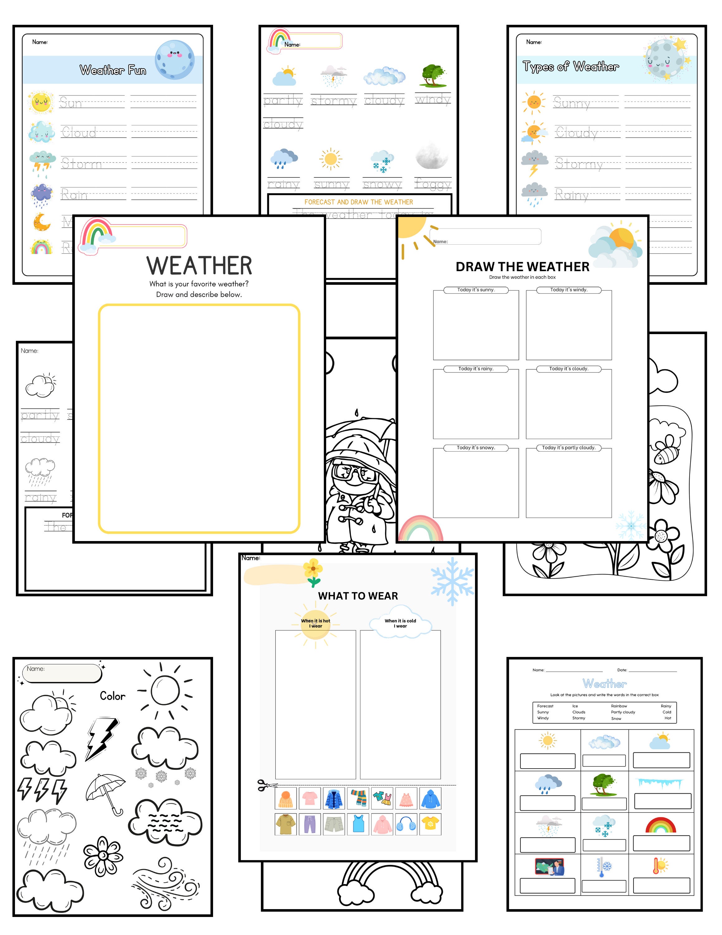Weather Activity and Coloring Pages Bundle 12 Sheets Printable Instant ...