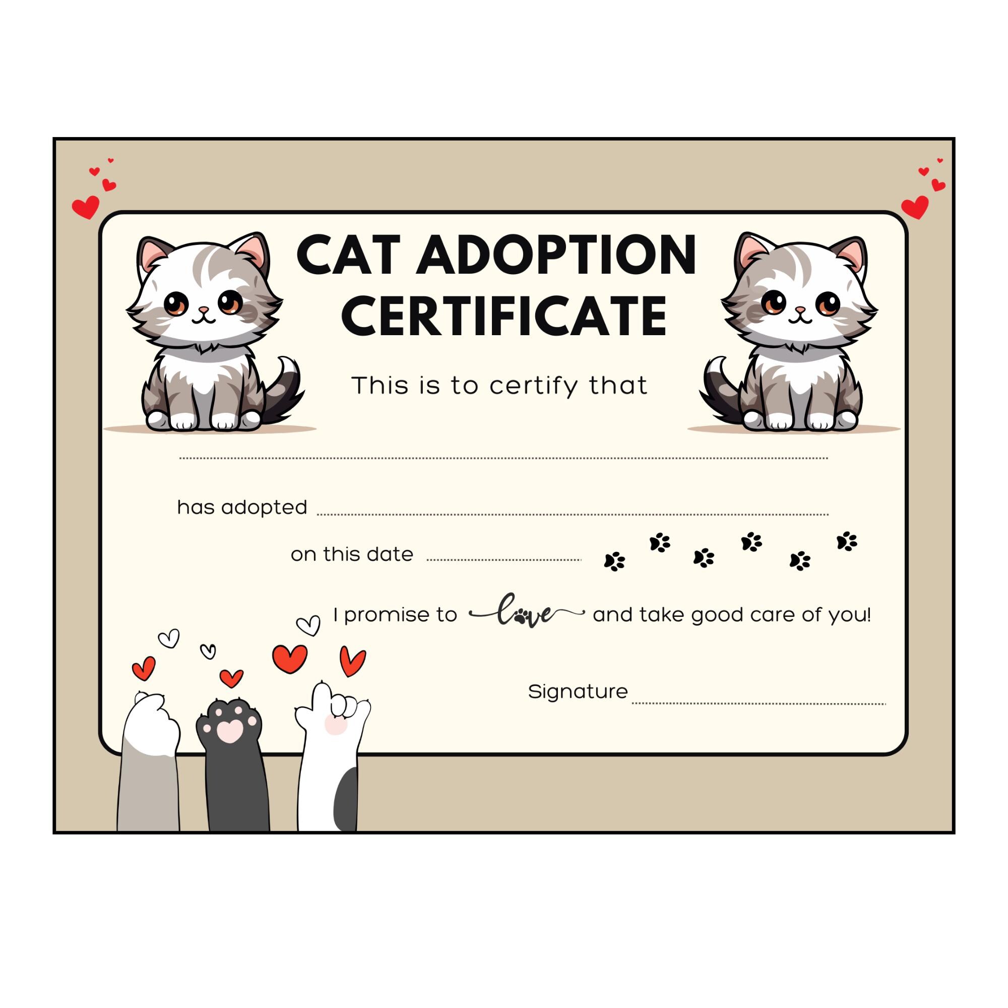 Cat Adoption Certificate Instant Printable for Real or Pretend Cat ...