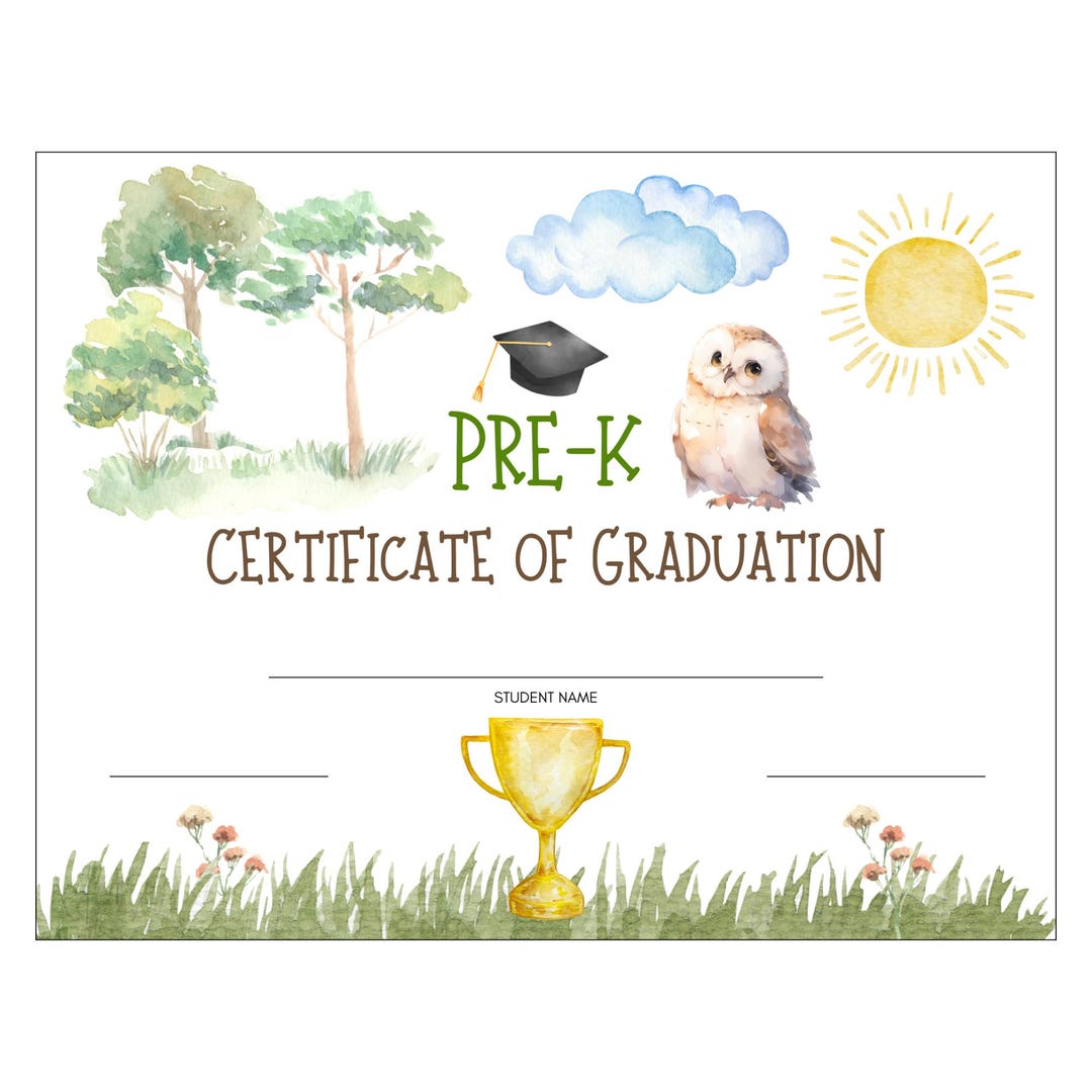 Pre-k Graduation Diploma Certificate Watercolor Owl Scene Preschool ...