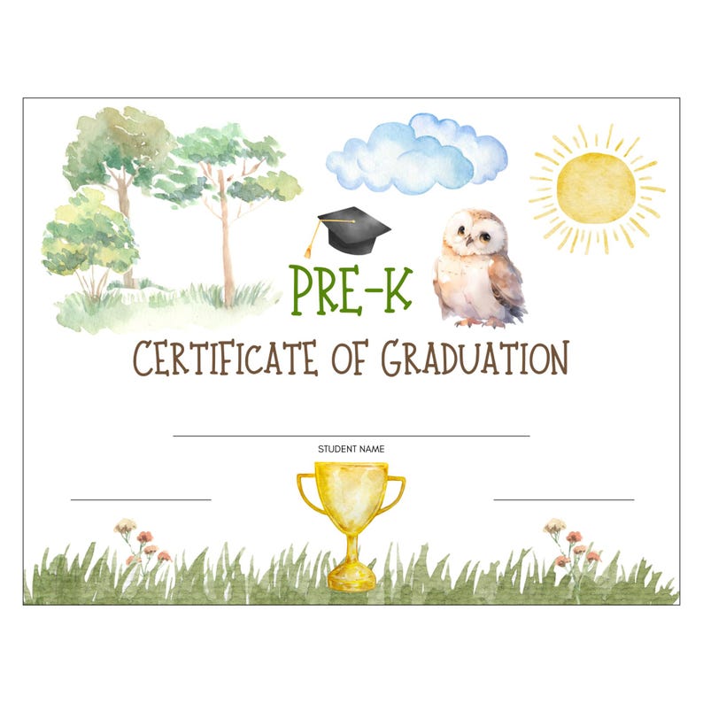 Pre-k Graduation Diploma Certificate Watercolor Owl Scene Preschool ...