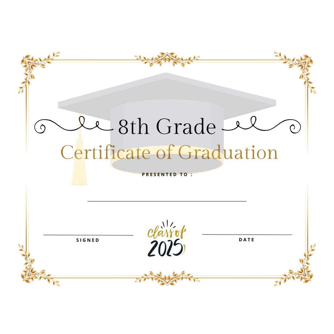 Class of 2025 Eighth Grade Graduation Diploma Certificate Gold Swirl ...