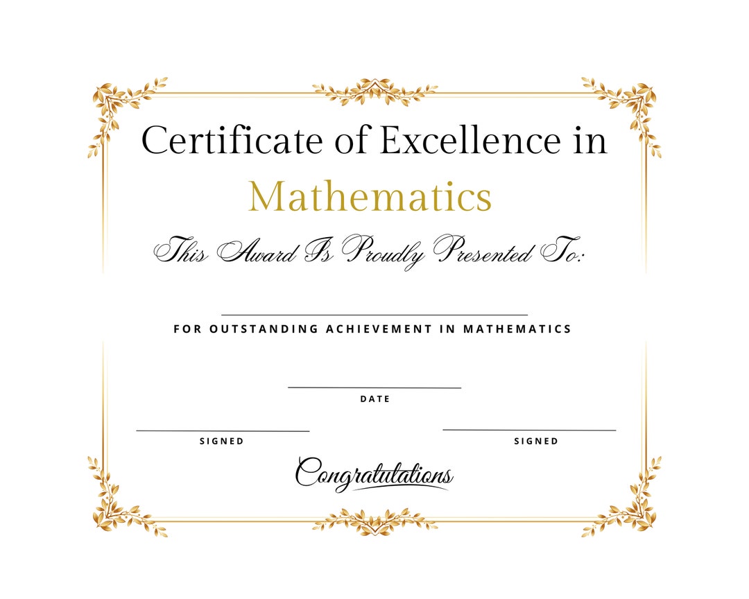 Math Excellence Award Graduation Certificate Mathematics Instant ...