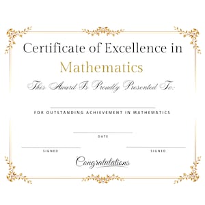 Math Excellence Award Graduation Certificate Mathematics Instant ...