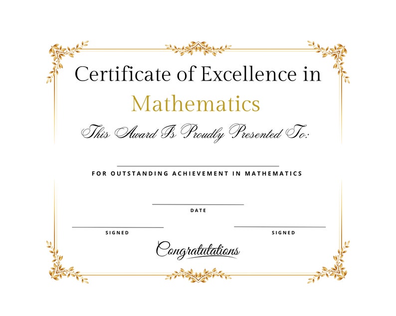 Math Excellence Award Graduation Certificate Mathematics Instant ...