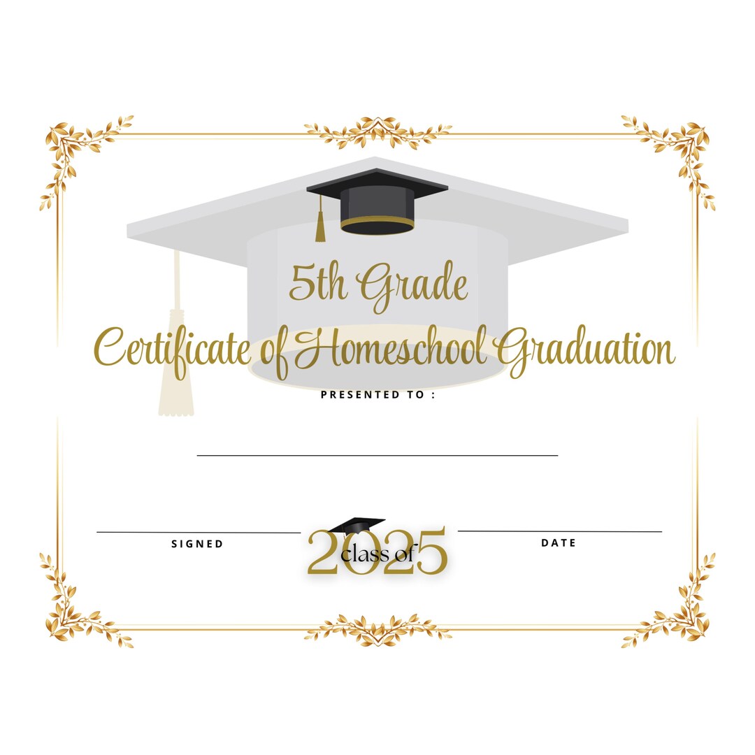 Premade Homeschool 5th Fifth Grade Graduation Cap Diploma Certificate ...