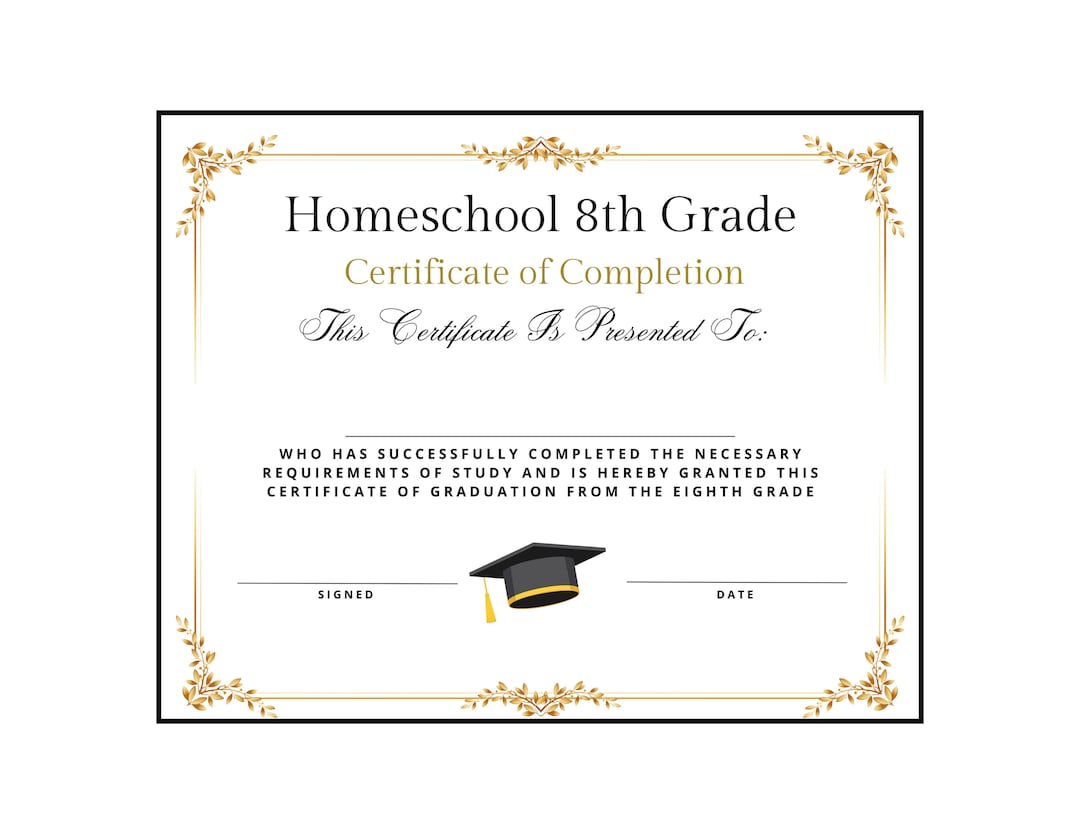 Homeschool Eighth Grade Graduation Diploma Certificate Instant Download ...