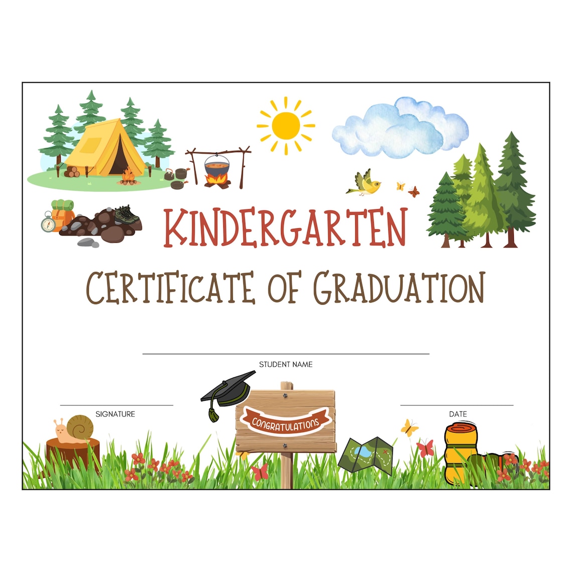 Camping Theme Kindergarten Graduation Certificate of Graduation Diploma ...